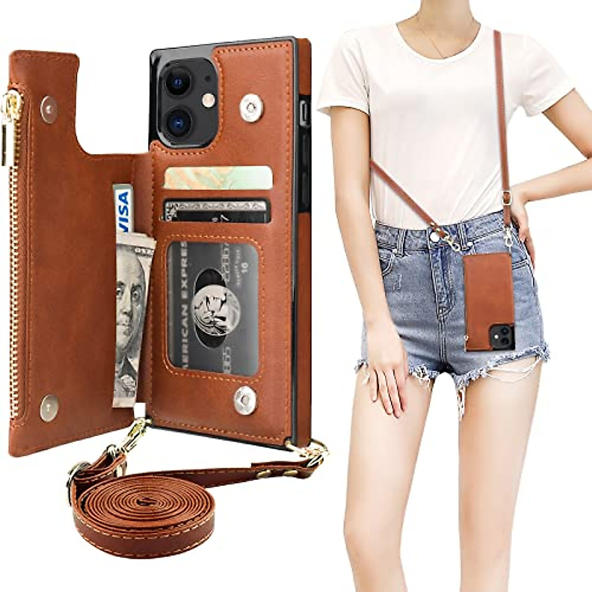 Bocasal Crossbody Wallet Case for iPhone 12/12 Pro with Card Holder,Zipper Card Slot Protector Shockproof Purse Cover with Removable Cross Body Strap 6.1 Inch(Brown)