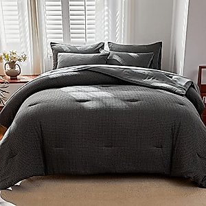 WARMDERN Grey Comforter Set King Size Waffle Weave Lightweight Bedding Comforter Sets Soft Microfiber Down Alternative Comforter 7 Pieces Bed in A Bag All Season(Gray, King)