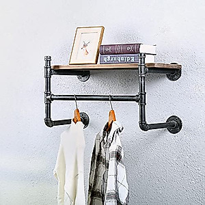 HAOVON Industrial Pipe Clothing Rack Wall Mounted Wood Shelf,Pipe Shelving Floating Shelves,Retail Garment Rack Display Rack Clothes Racks(1 Tier,24in)