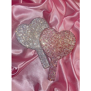 TISHAA Bling Rhinestone Adorable Heart Dazzling Handheld Mirror, Perfect for Makeup Touchup On The Go (Pink)