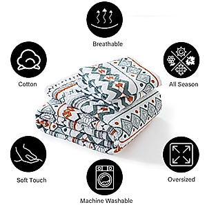 PANGUSHAN Queen Size Quilt Set, 100% Cotton, Reversible Striped Geometric Quilt, Lightweight Comforter, Bohemian Bed Spread, White/Orange/Green