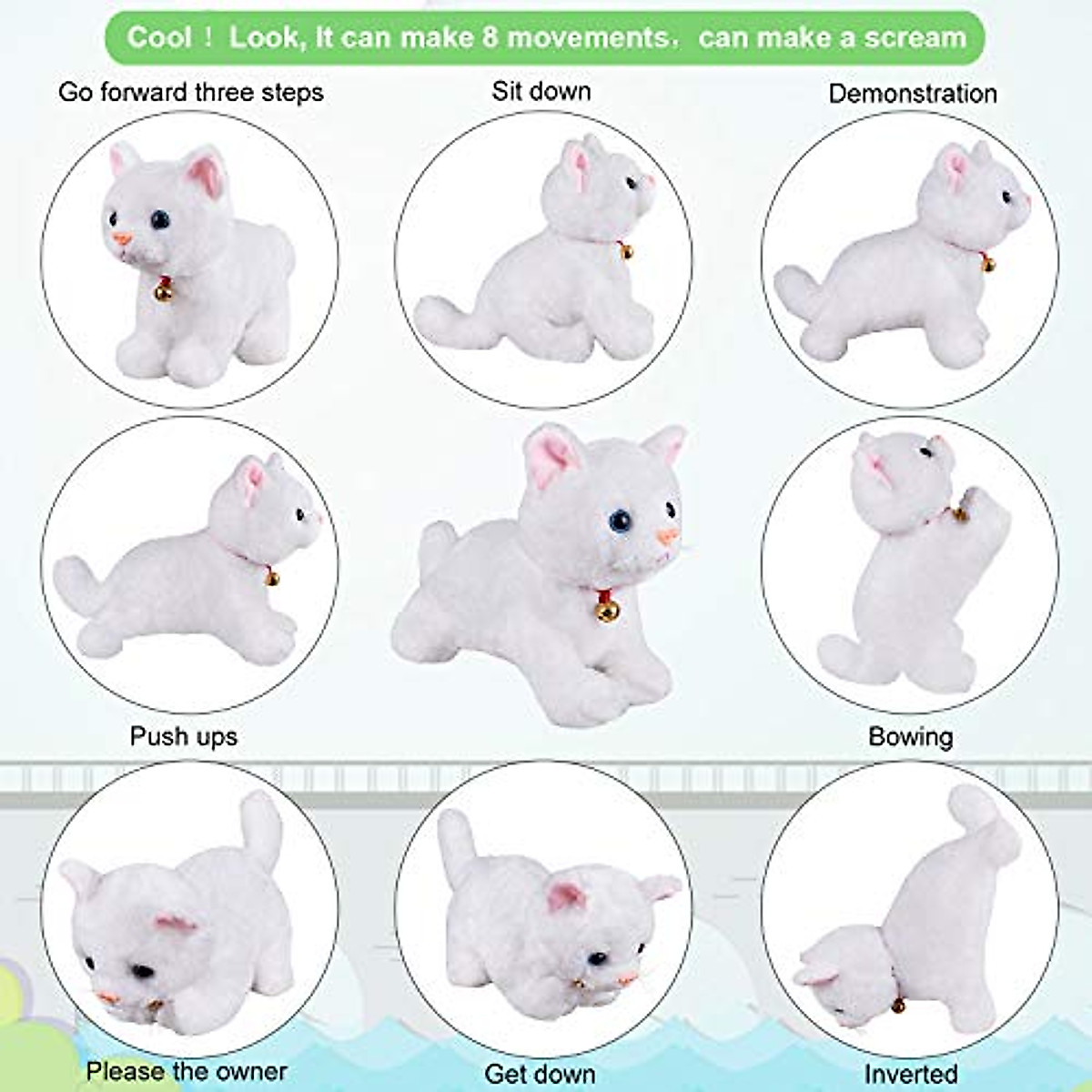 White Plush Cat Stuffed Animal Interactive Cat Robot Toy, Robotic Cat Barking Meow Kitten Touch Control, Electronic Cat Pet, Robot Cat Kitty Toy, Animated Toy Cats for Girls Baby Kids L:12" * H:8" *