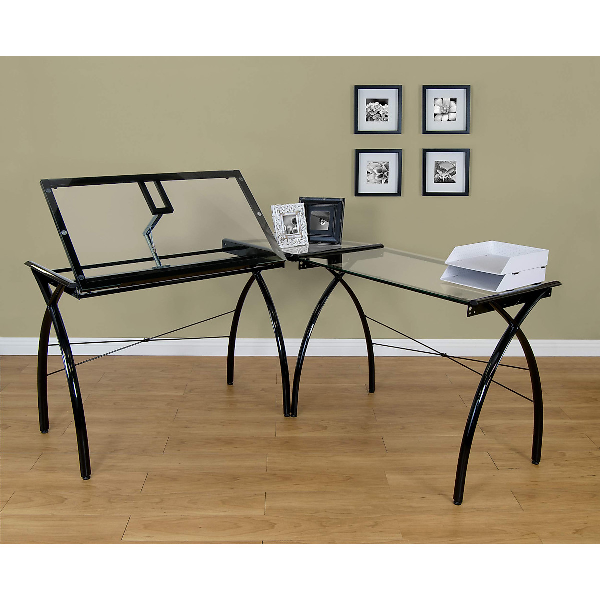 SD STUDIO DESIGNS Futura LS WorkCenter with Tilt Top Adjustable Drafting Table Craft Table Drawing Desk Hobby Table Writing Desk Studio Desk, Black / Clear Glass.