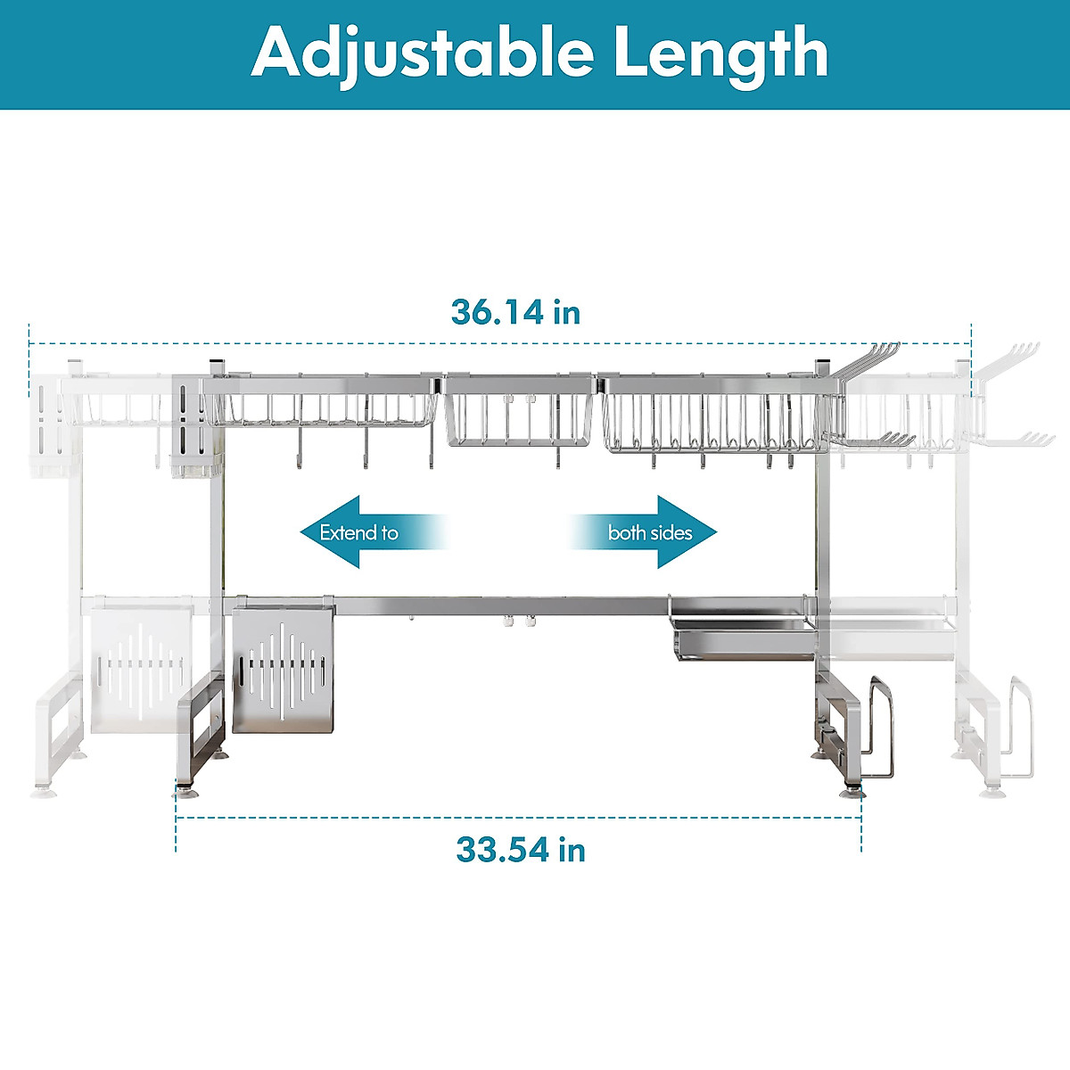 romision Over The Sink Dish Drying Rack, 2-Tier Adjustable Length(33.5-36.2in) Stainless Steel Dish Rack Over Sink, Expandable Large Dish Drainer for Kitchen Counter with 8 Hooks, Sliver