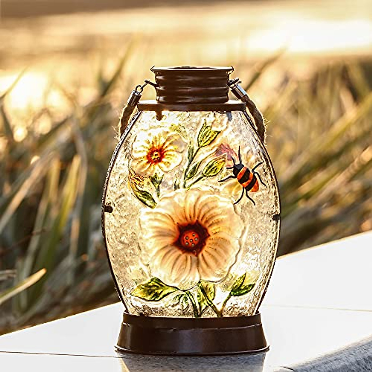 TERESA'S COLLECTIONS Glass Decorative Hanging Solar Lanterns Lights, Waterproof Metal Outdoor Solar Lanterns with Bee Flowers for Tabletop Patio Lawn Yard Garden Decorations,10 inch Tall
