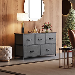 WLIVE Dresser for Bedroom with 5 Drawers, Wide Chest of Drawers, Fabric Dresser, Storage Organizer Unit with Fabric Bins for Closet, Living Room, Hallway, Nursery, Dark Grey