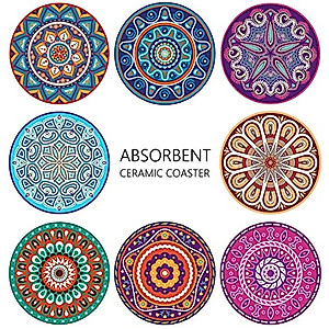 Teivio Absorbing Stone Mandala Ceramic Coasters for Drinks Cork Base with Holder, for Friends Funny Birthday Housewarming Apartment Kitchen Bar Decor, Suitable for Wooden Table, Coffee Table, Set of 8