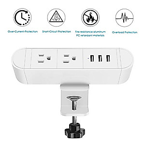 Desk Clamp Power Strip,The Clamp Edge Mount Power Center,Aluminum Alloy Fireproof Desktop Power Socket,Desktop Charging Station(White) (2AC & 3 USB)