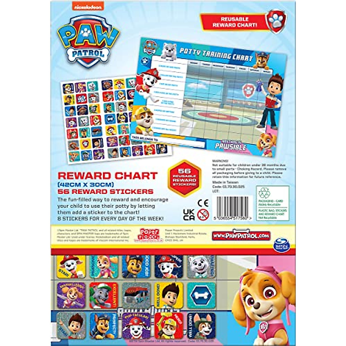 Paper Projects 01.70.30.025 Paw Patrol Potty and Toilet Training Reward Chart and Stickers, for ages 3+, 29.7cm x 42cm