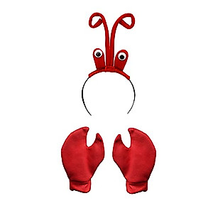 Lobster Antenna Headpiece With Eyeballs, Crab Claws Gloves Headband Mitt Kit - Crawfish Costume Accessories Set Red, One Size