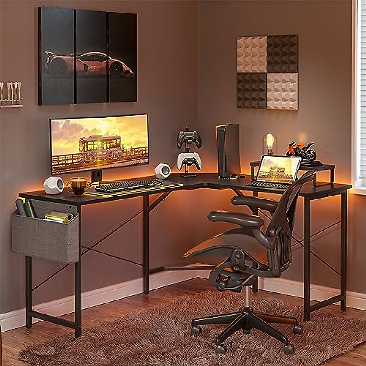 CubiCubi L Shaped Gaming Desk, 47.2 inch Computer Corner Desk with Monitor Shelf for Home Office Study Writing Workstation, Black