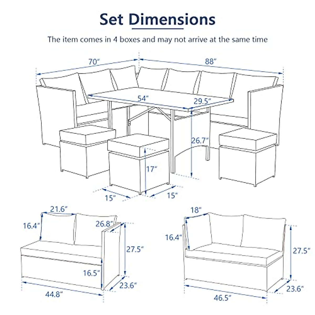 U-MAX 7 Pieces Patio Furniture Set Outdoor Sectional Sofa Conversation Set All Weather Wicker Rattan Couch Dining Table & Chair with Ottoman, Gray