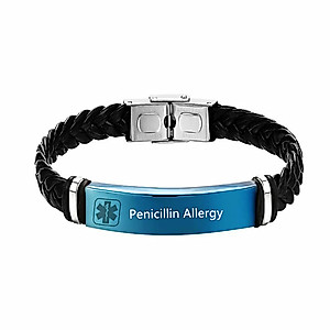 ZKXXJ Medical Bracelets Penicillin Allergy for Adults Teens,Braided Leather Wristband Emergency Identification Cuff Bracelets Health Alert Systems Awareness Jewelry for Men Women