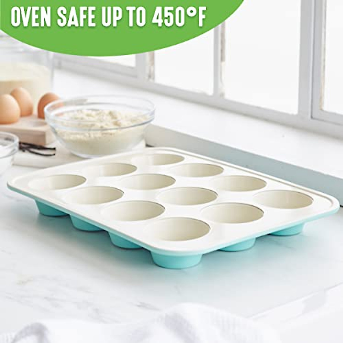 GreenLife Bakeware Healthy Ceramic Nonstick, 12 Cup Muffin and Cupcake Baking Pan, PFAS-Free, Turquoise