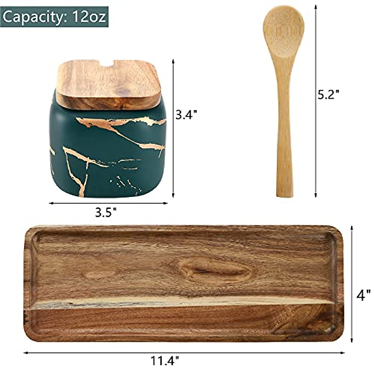 Dicunoy Ceramic Salt and Sugar Container, Condiment Jars with Lids and Spoons, Marble Seasoning Spice Pots Bowl, Pepper Sellar with Wooden Tray for Serving, Counter, Home, Kitchen