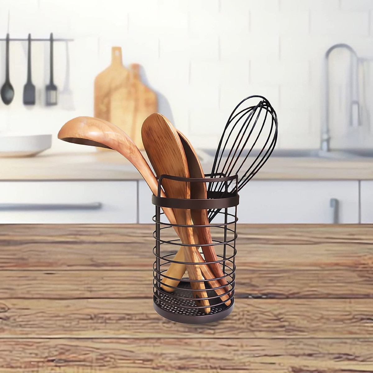 NONAKO Utensil holder for Kitchen Counter - Round kitchen utensil holder for countertop (H6.1” x W3.9”), Utensil Caddy Rustic Cooking Utensil Crock for Kitchen Decor