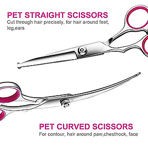 TINMARDA Grooming Scissors Kit with Safety Round Tips Stainless Steel Professional Thinning, Straight, Curved Shears and Comb for Long Short Hair for Dog Cat Pet
