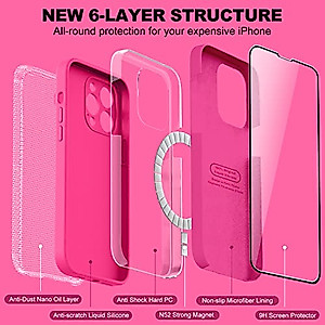 Vooii Compatible with MagSafe iPhone 14 Pro Magnetic Case, [9H Screen Protector] [Camera Protective] [Soft Microfiber Lining] Liquid Silicone Shockproof Case for iPhone 14 Pro - Hot Pink