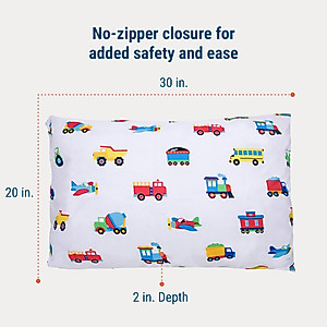 Wildkin Kids 2-Pack 100% Cotton Pillowcases for Boys & Girls, Soft and Breathable Fabric Pillow Kids Pillowcase, Fits Standard Size Pillow (20 x 30 Inches) - Trains, Planes & Trucks