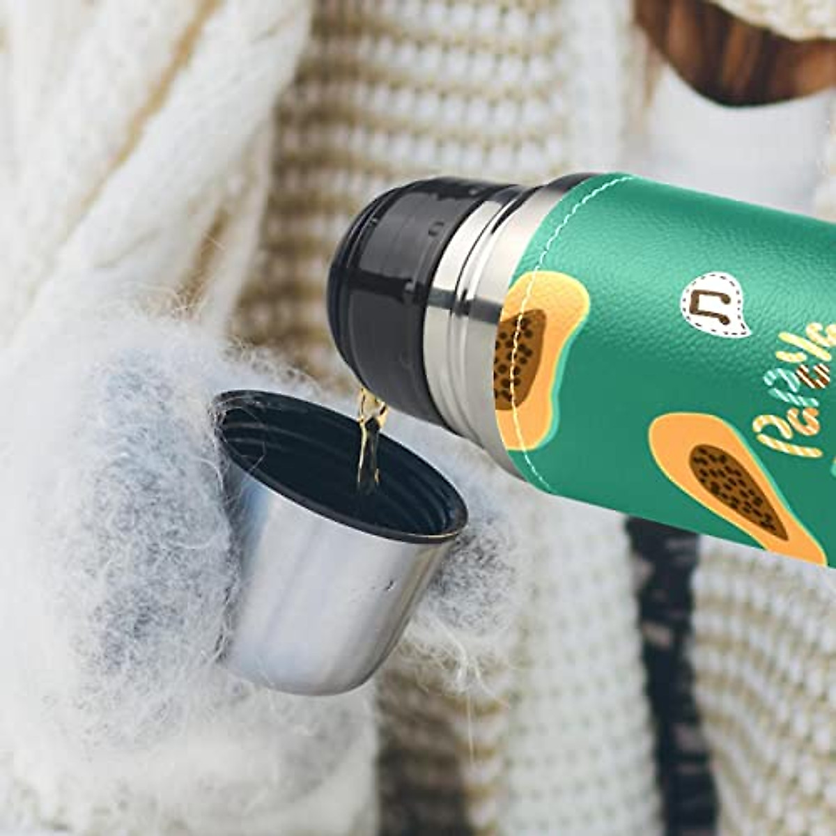 Stainless Steel Leather Vacuum Insulated Mug Pawpaw Thermos Water Bottle for Hot and Cold Drinks Kids Adults 16 Oz