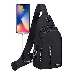 Bzdzmqm Waterproof Strap Bag Crossbody Backpack With USB Hole and Headphone Hole Sling Backpack Hiking Backpack For Men Women (Black)