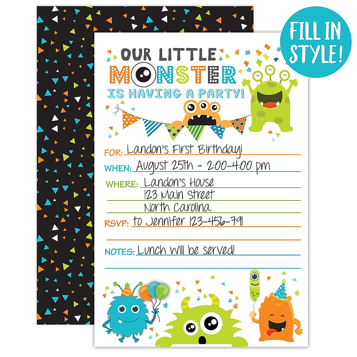 Your Main Event Prints Monster Birthday Invitations - Little Monster Birthday Party Invites - 20 Fill-In Monster Party Invitations With White Envelopes