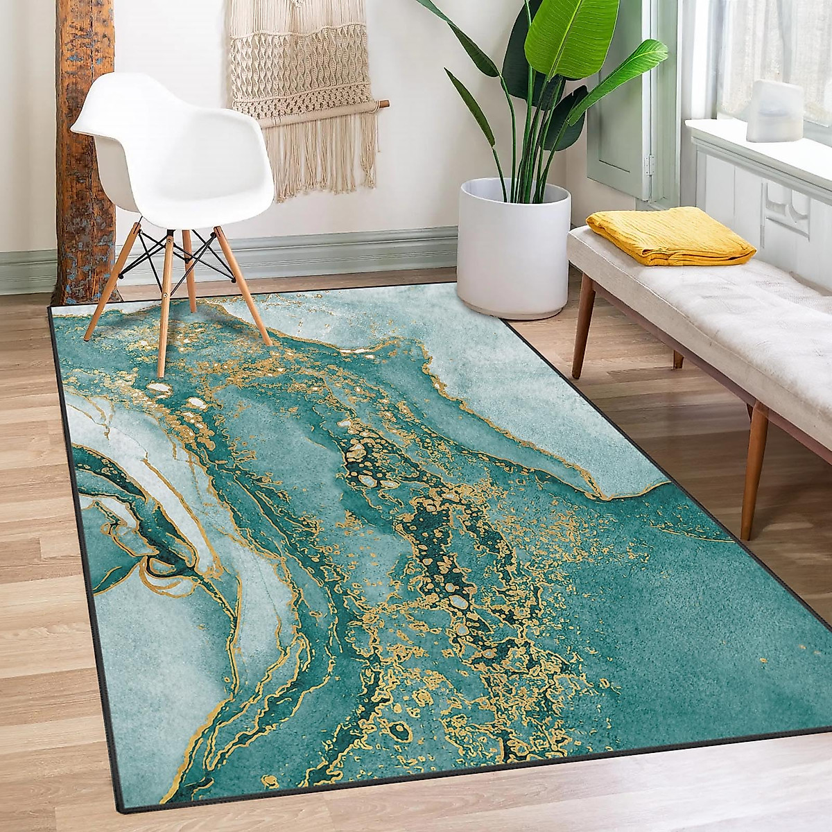 Bribay Area Rug, Washable and Non-Slip 3'x5' Navy Blue Ocean Green Gold Marble Sea Living Room Rug, Indoor Entryway Door Mat, Floor Mat Carpet for Bedroom, Kitchen Laundry, Bathroom