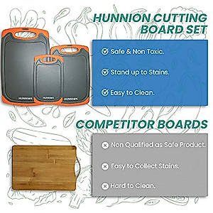 HUNNION Kitchen Cutting Board 3 Piece Set : Juice Grooves with Easy-Grip Handles, BPA-Free, Non-Porous, Dishwasher Safe, Multiple Size Plastic Cutting Boards (Orange)