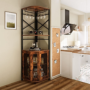Osfvolr Bar Cabinet w/Wine Rack and Glass Holder, Corner Cabinet with Mesh Door, Corner Bar Cabinet with Adjustable Shelf, Liquor Cabinet Bar for Home, Rustic Brown