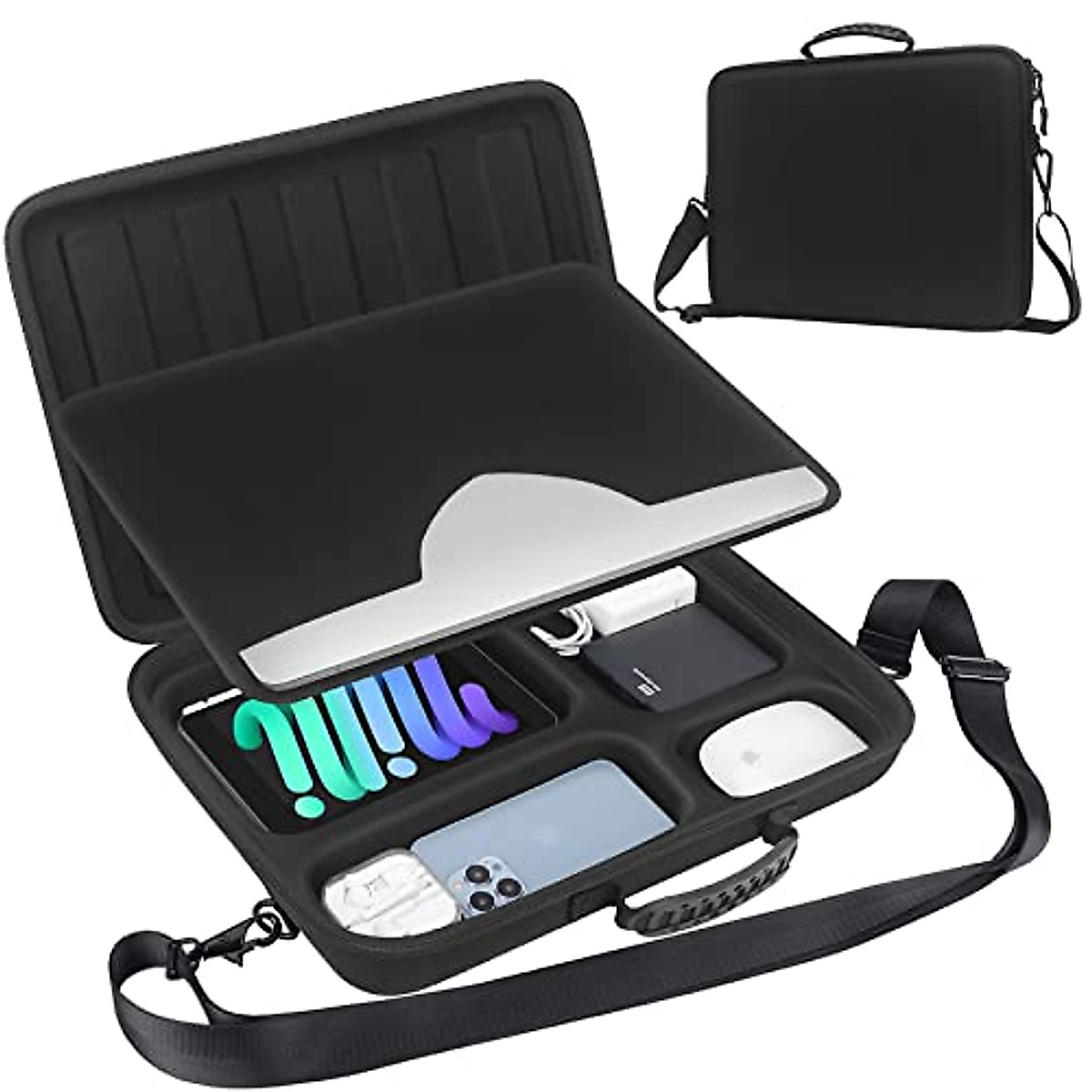 Lacdo Hard Shell Laptop Carrying Case Shoulder Bag for 16 inch New MacBook Pro M1 Pro/Max A2485 A2141 2021-2019, 15 inch Old MacBook Pro 2012-2018, Compartment for iPad Mini with Apple Pencil, Black