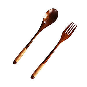 Amosfun Japanese Wooden Handle Fork and Spoon Pasta Server Utensil Wooden Spoon and Fork Wood Soup Porcelain Soup Spoons Wooden Spoon Fork Chopsticks for Eating Ice Major Travel Friendly