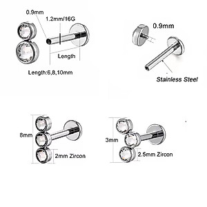 Piercingpops 6PCS 16G Tiny CZ Crystal Labret Piercing Stainless Steel Tragus Helix Lip Monroe Body Piercing Stud (6pcs Crystals Style) (Crystals Style)