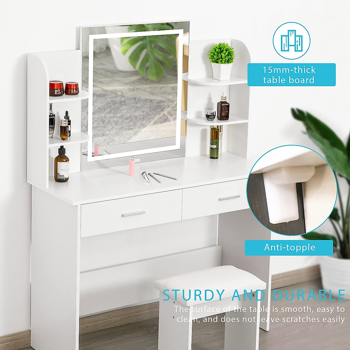 VIVOHOME Makeup Vanity Set with 10 Dimmable LED Bulbs, Dressing Table with 360° Rotating Lighted Mirror and Cushioned Stool, Black