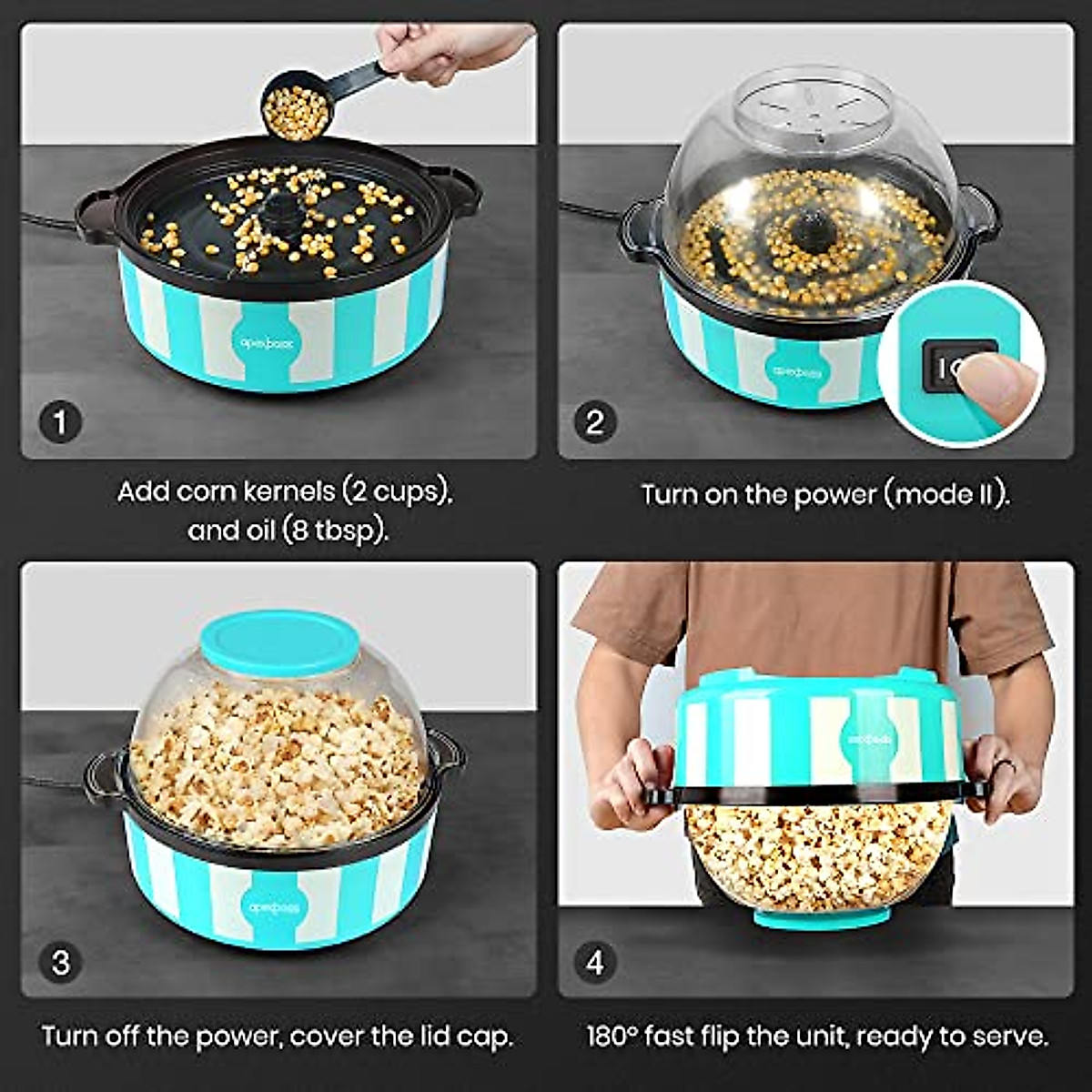 Electric Popcorn Popper Maker Apexboss Stirring Popcorn & Grill Machine 2-in-1 Hot Oil Pop Corn Non Stick Cooker 4 Quarts Large Lid for Serving Bowl, 16 Cups for Home Christmas Party Kids