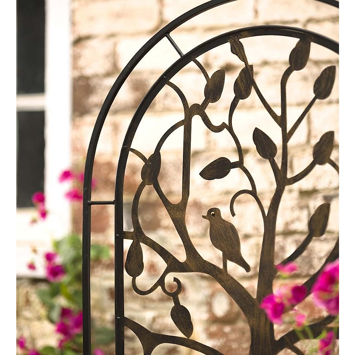 Plow & Hearth Arched Metal Garden Trellis with Symbolic Tree of Life Design, Weather-Resistant Matte Black Powder-Coat Finish and Burnished Bronze Highlights