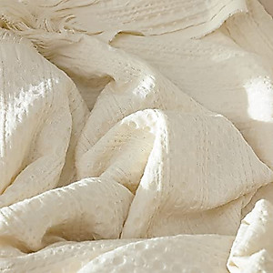 Simple&Opulence 100% Cotton Throw Blanket for Couch, Bed, Waffle Weave Cable Knit Blanket with Tassels, Soft Lightweight Pre-Washed Breathable Cozy Blanket Farmhouse Decoration for All-Season (White)