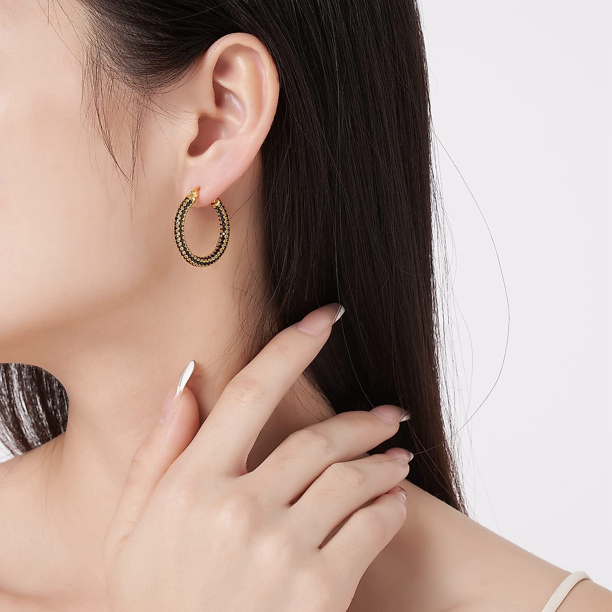 925 Sterling Silver Post Hoop Earrings for Women Gilrs Black Cubic Zirconia 14K Gold Plated Chunky Gold Hoop Earrings weinuo Jewelry