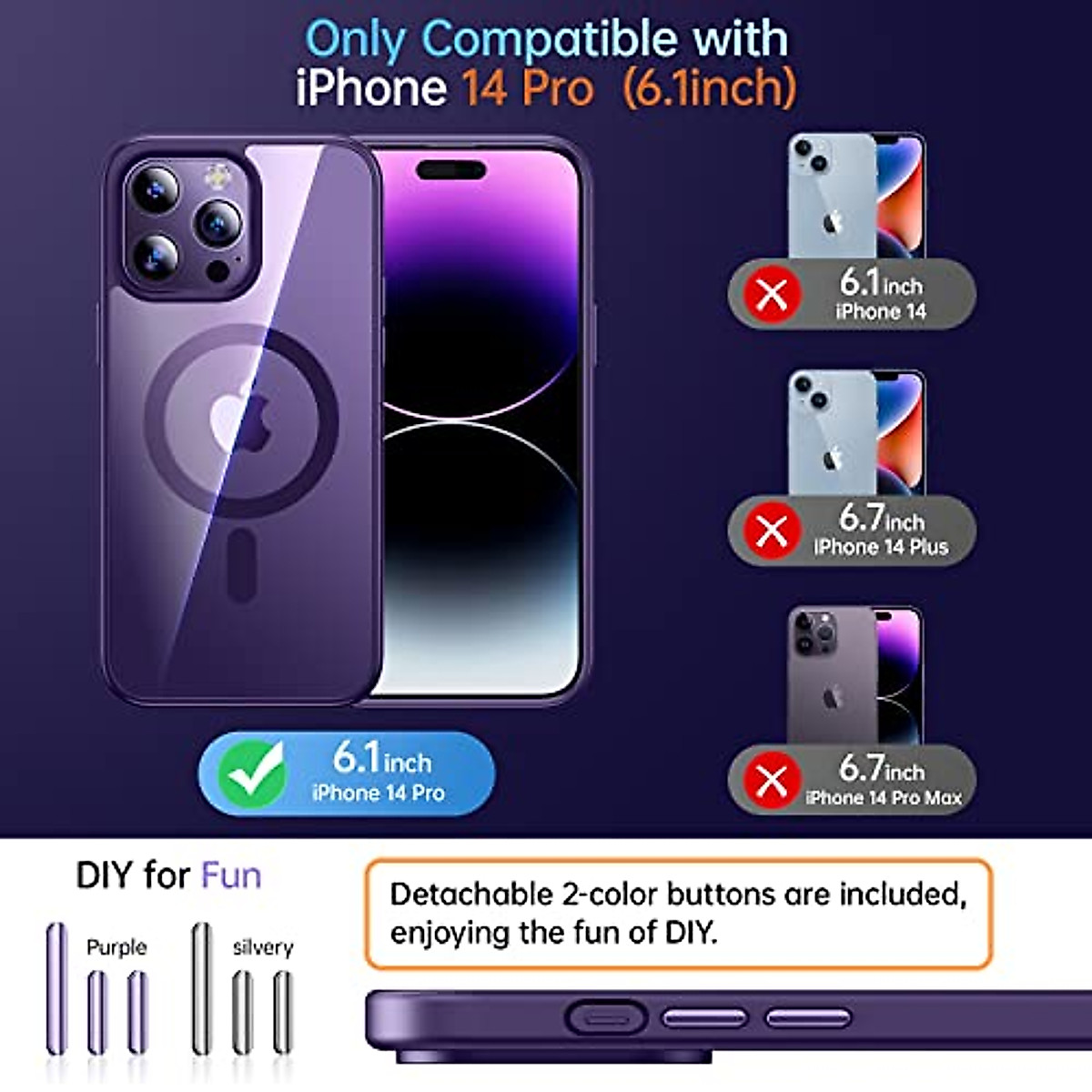 JUESHITUO for iPhone 14 Pro Case [Not Yellowing] [10FT Military Grade Protection] [No.1 Strong Magnets] Magnetic Slim Clear Compatible with iPhone 14 Pro Protective Case 6.1 inch 2022, Deep Purple