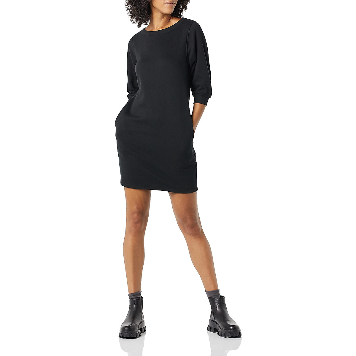 Amazon Essentials Women's Fleece Blouson Sleeve Crewneck Sweatshirt Dress (Available in Plus Size), Black, X-Large