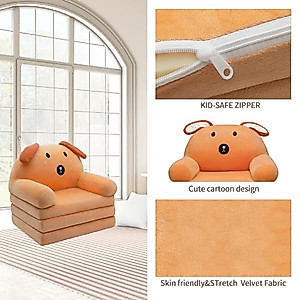 Toddler Chair Kids Sofa - Toddler Sofa Kids Couch Fold Out, 2 in 1 Flip Out Couch and Mini Sofa for Girls and Boys, Baby Couch for 1-4 Year Olds - Cute and Comfy Baby Sofa (Brown Dog)