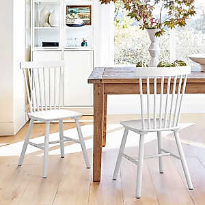 LUE BONA Windsor Dining Chairs Set of 2, Solid White Wood, Slat Back, Arm Rest, Cushion Availability