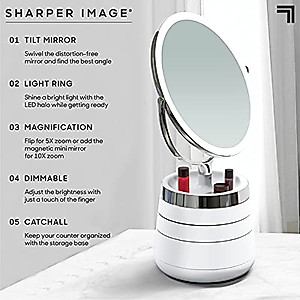 Sharper Image Spastudio Vanity Plus 10-Inch LED Mirror with Storage Trays, Touch-Activated Brightness Controls, Dimmable Halo Light Ring, 5X and 10X Magnification