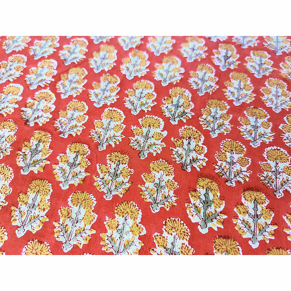 AVKA Studio Hand Block Print Fabric by The Yard - PRECUT 1 Yard 42 Inch Width - 100% Cotton Material - Red Floral Pattern - Light Weight Indian Cloth for Making Summer Dress Tops Indian Fabric etc