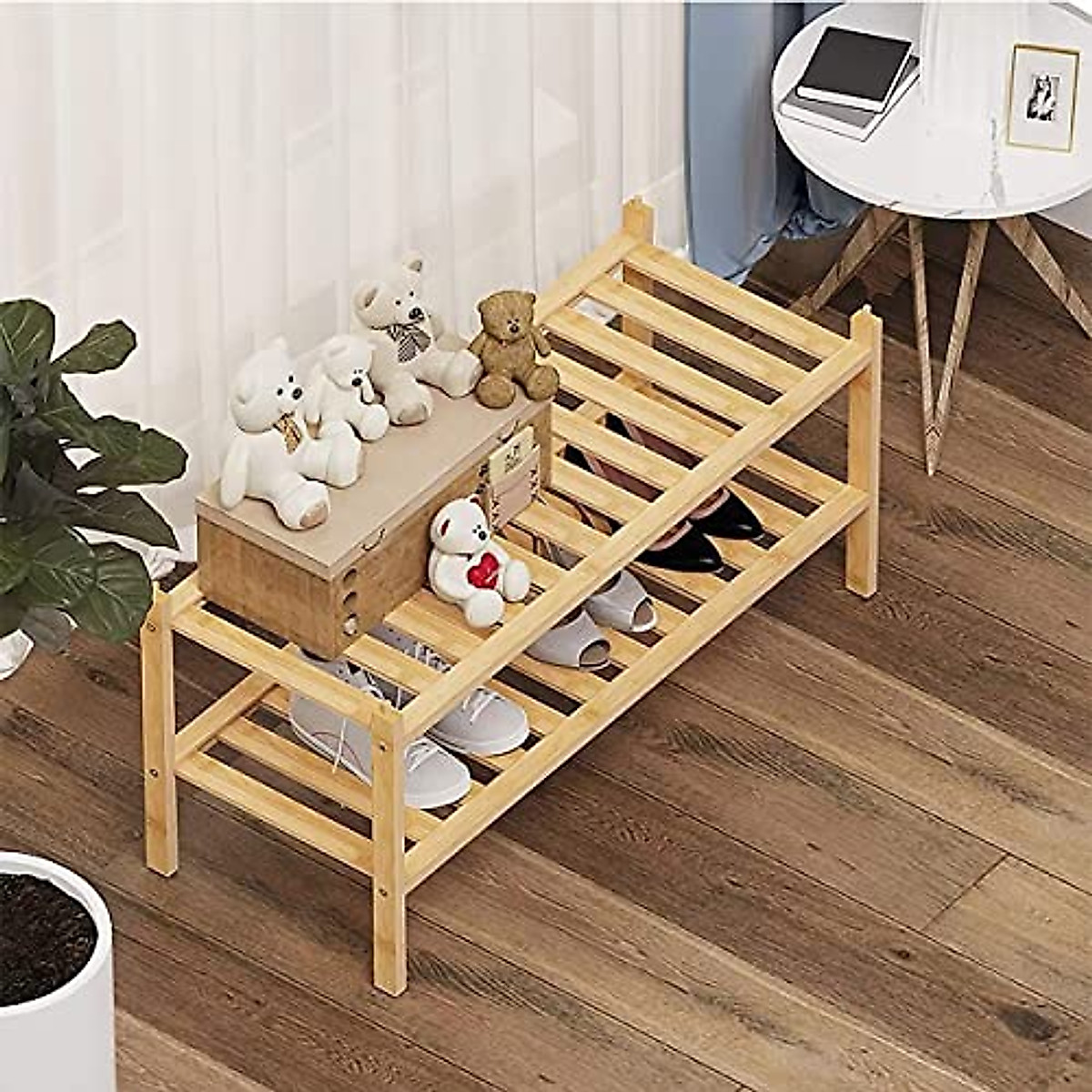 Qmkmyy Simple Narrow Wood Shoe Rack 2 Tiers for Closet Entryway Small Bamboo Free Standing Shoe Shelf Stackable Storage Organizer for Front Door