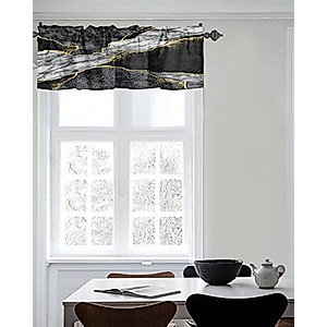 Window Curtain Valances for Kitchen Windows,Black White Marble with Gold Stripe Rod Pocket Short Window Valance Abstract Stone Agate Texture Cafe Treatment Valance for Living Room/Bedroom,42x12in