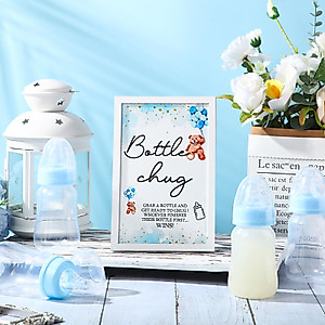Roowest Bottle Chug Baby Shower Game Favors including Bear Theme Bottle Chug Game Wooden Sign and 18 Pcs Blue Baby Bottles for Baby Shower Game Gender Reveal Party Supplies