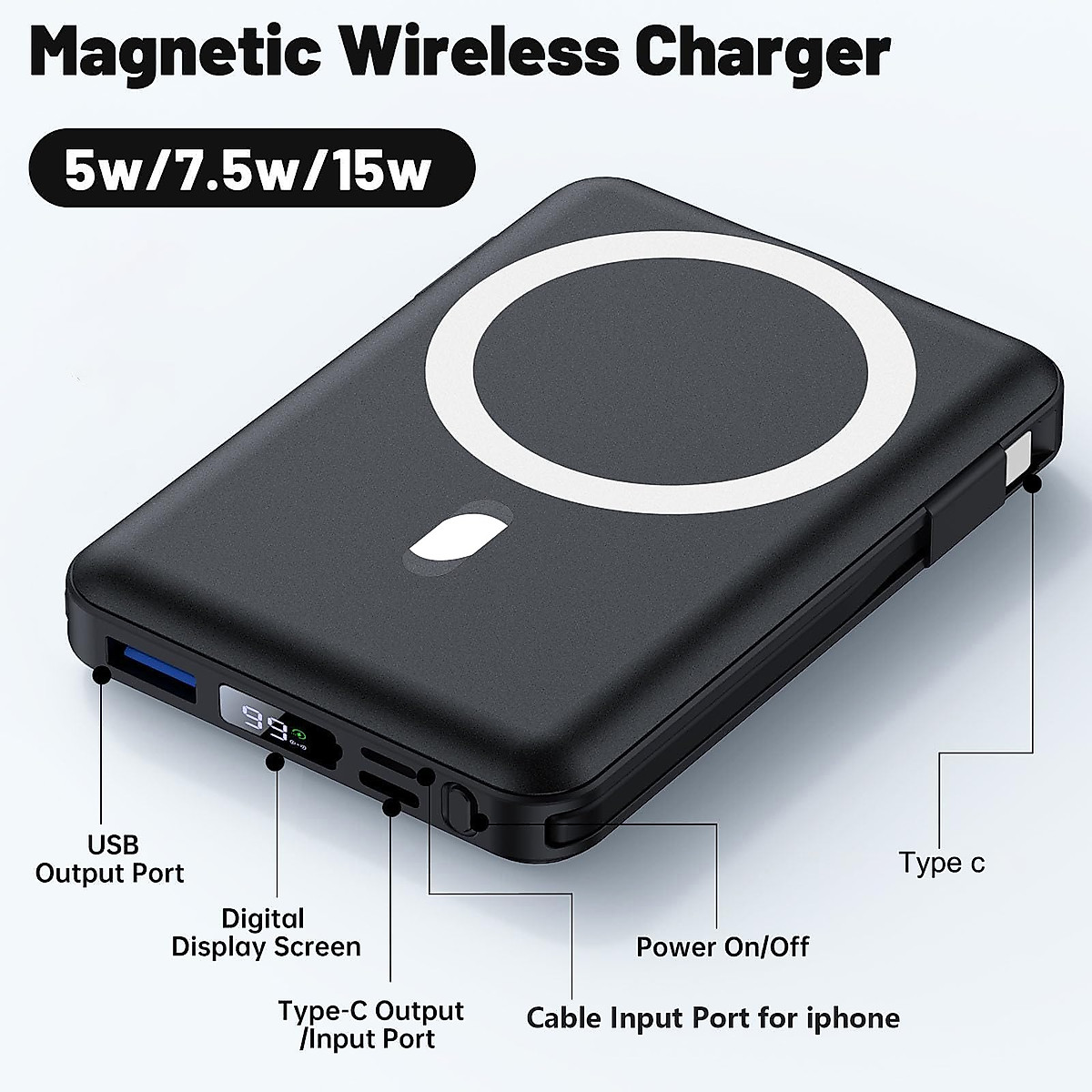 Yiisonger for Magsafe Battery Pack - 10000mAh Portable Charger for Mag-Safe 22.5W PD Fast Charging with Built-in Cables LED Display, Magnetic Power Bank for iPhone 16/15/14/13/12/Pro/Mini/Pro Max