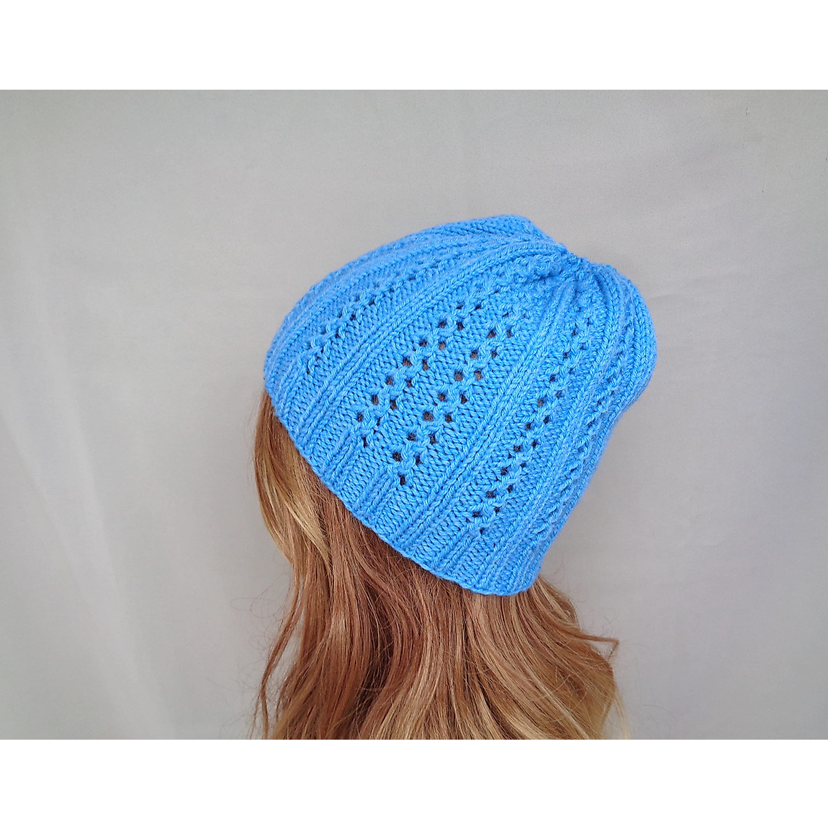 Womens Beanie Hat with Lace Design, Sky Blue, 100% Wool, Hand Knit Snug Cap, Teen Girls Skater Skullie