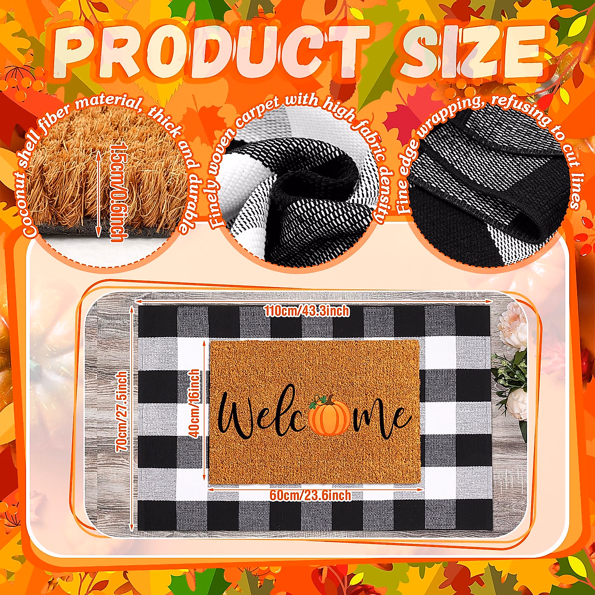 Moucuny 2 Pcs Fall Coir Welcome Doormat Fall Rug Outdoor Mat Layered Buffalo Plaid Mat Halloween Mats Pumpkin Maple Mat for Autumn Thanksgiving Fall Front Porch Outdoor Entryway(Plain Style)
