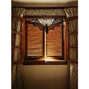 ANPHSIN Halloween Black Lace Spiderweb- 2 Pcs Bat Curtain Window Valance Cobweb Tablecloth Shower Curtains Fireplace Mantles Scarf Cover for Home Door Kitchen Bathroom Festive Party Decorations